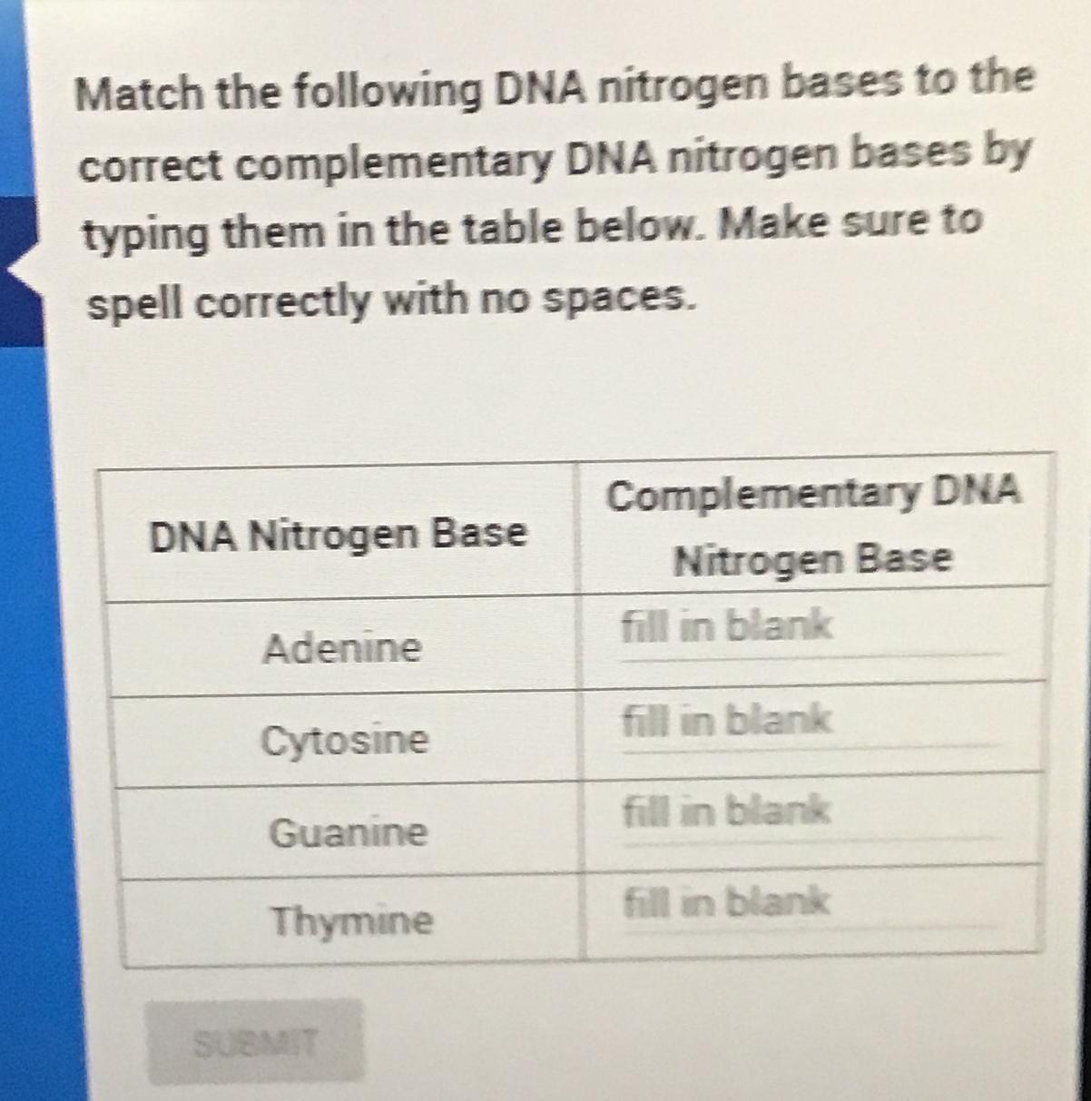 Solved Match the following DNA nitrogen bases to the correct | Chegg.com