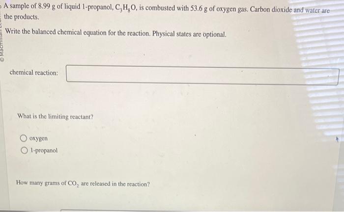 Solved A sample of 8.99 g of liquid 1-propanol, C3H8O, is | Chegg.com