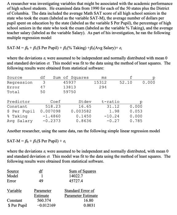 Solved A researcher was investigating variables that might | Chegg.com