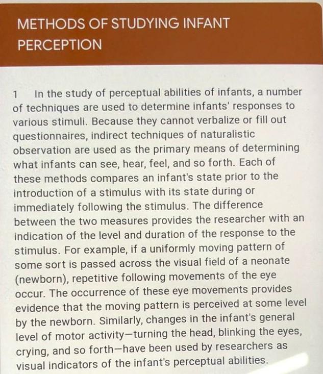 Solved METHODS OF STUDYING INFANT PERCEPTION 1 In the study | Chegg.com