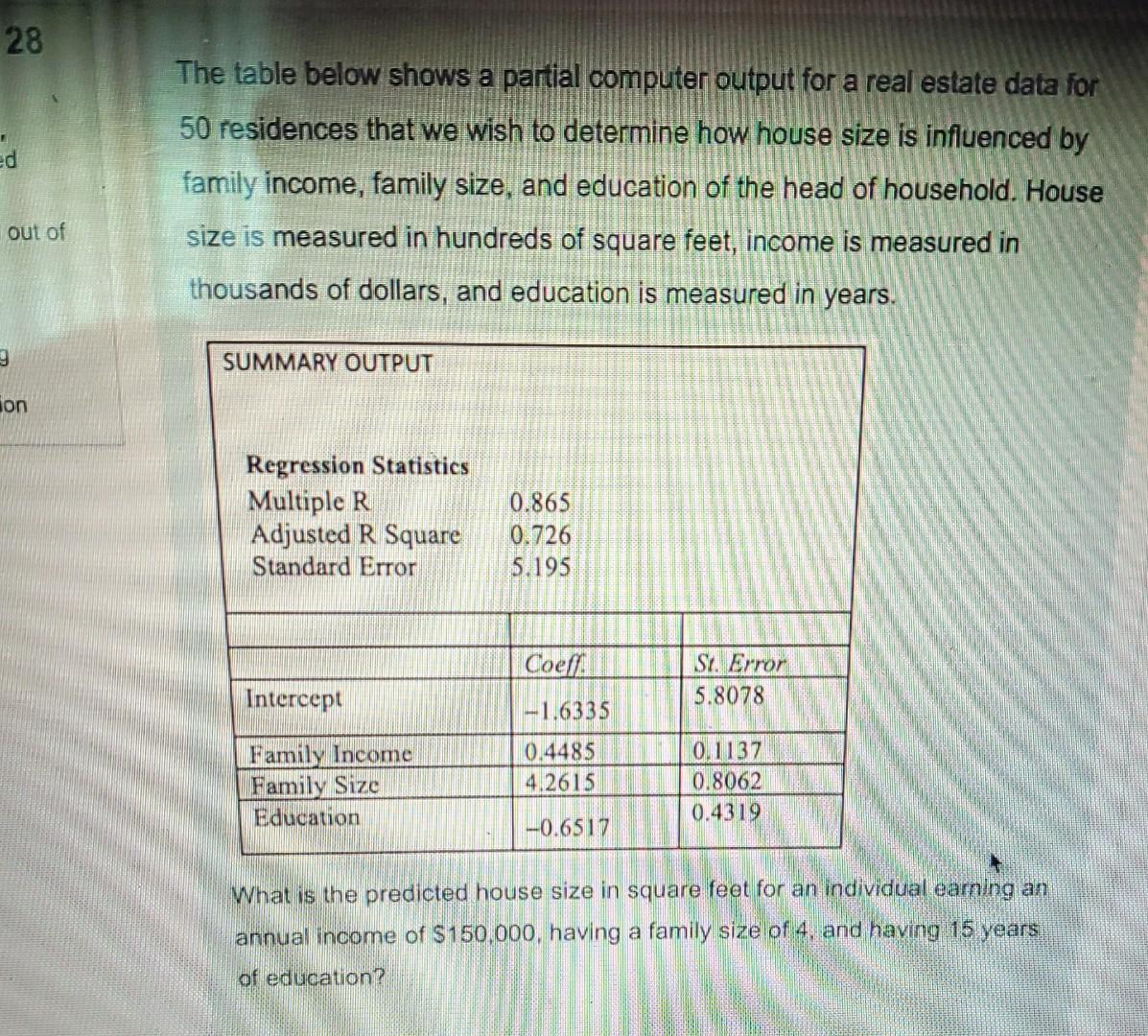 Solved 28 The Table Below Shows A Partial Computer Output 8562