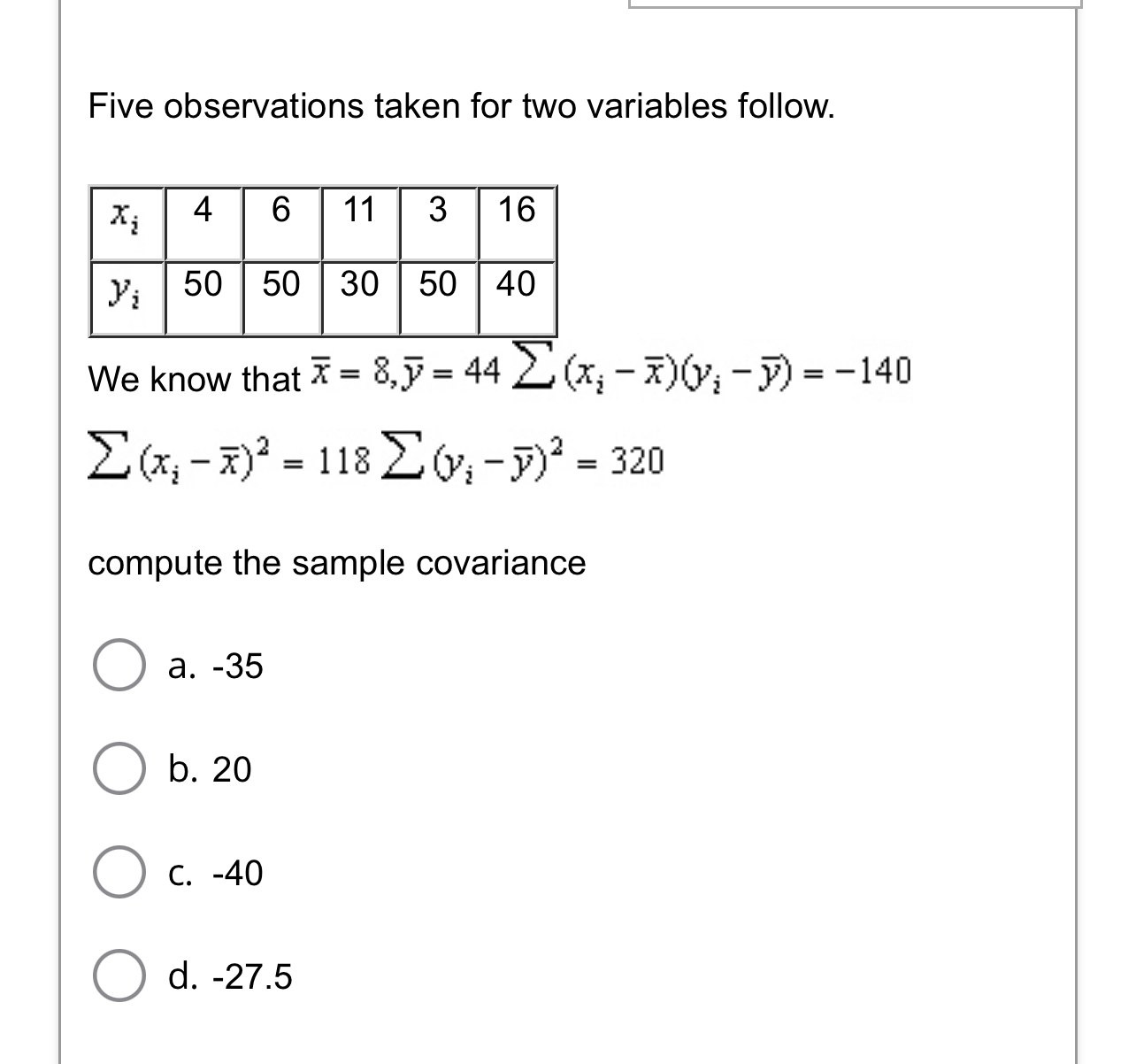 Solved Five observations taken for two variables | Chegg.com