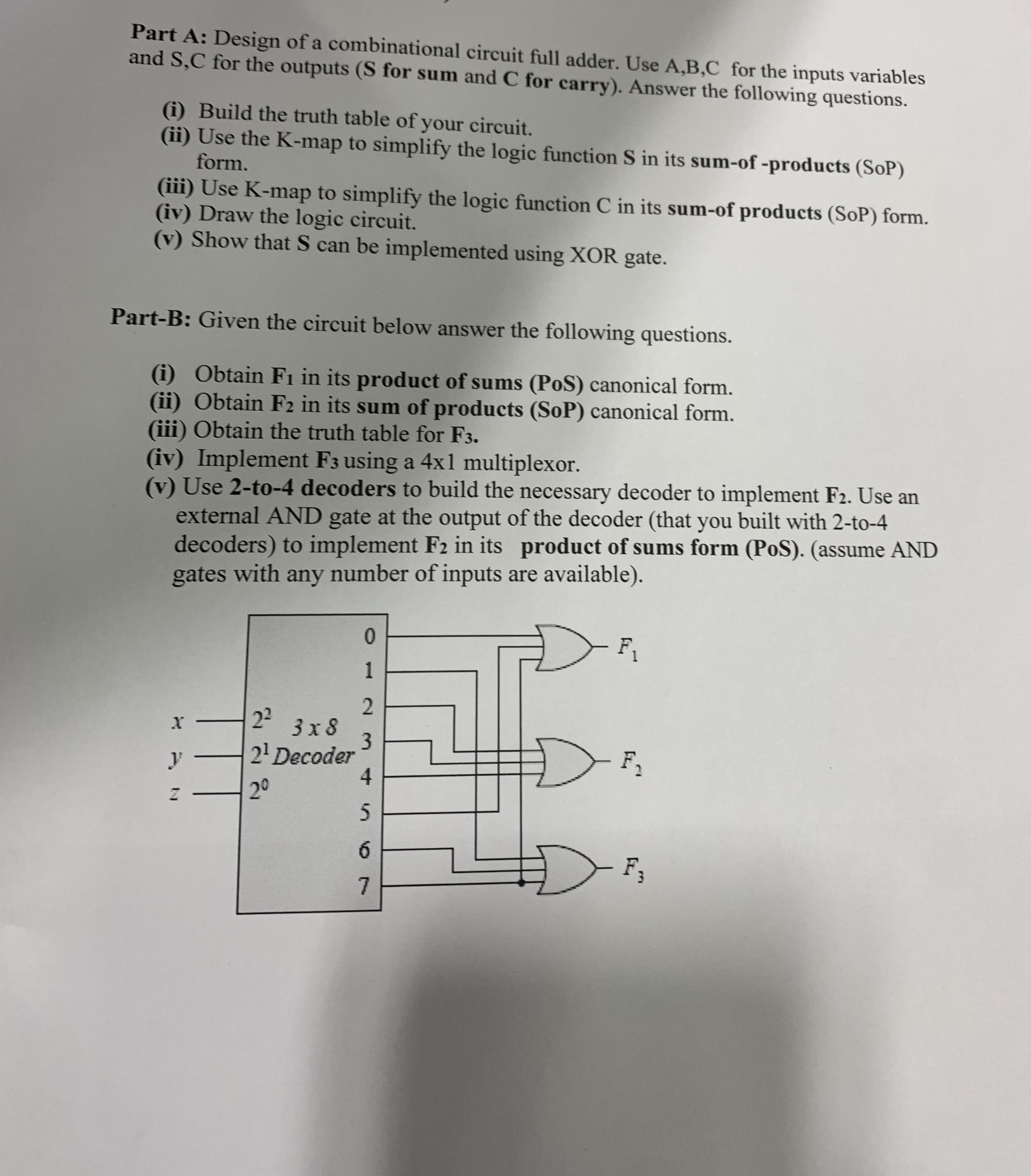 Solved Part A: Design of a combinational circuit full adder. | Chegg.com