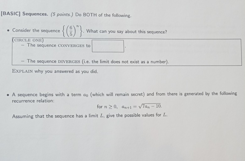 Solved (BASIC) Sequences. (5 points.) Do BOTH of the | Chegg.com