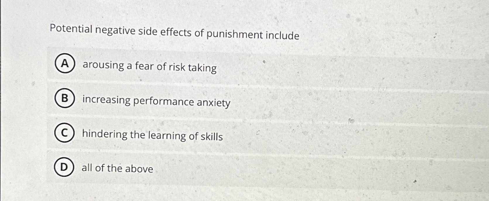 Solved Potential negative side effects of punishment | Chegg.com