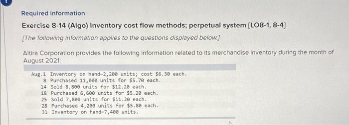 Solved Required information Exercise 8-14 (Algo) Inventory | Chegg.com