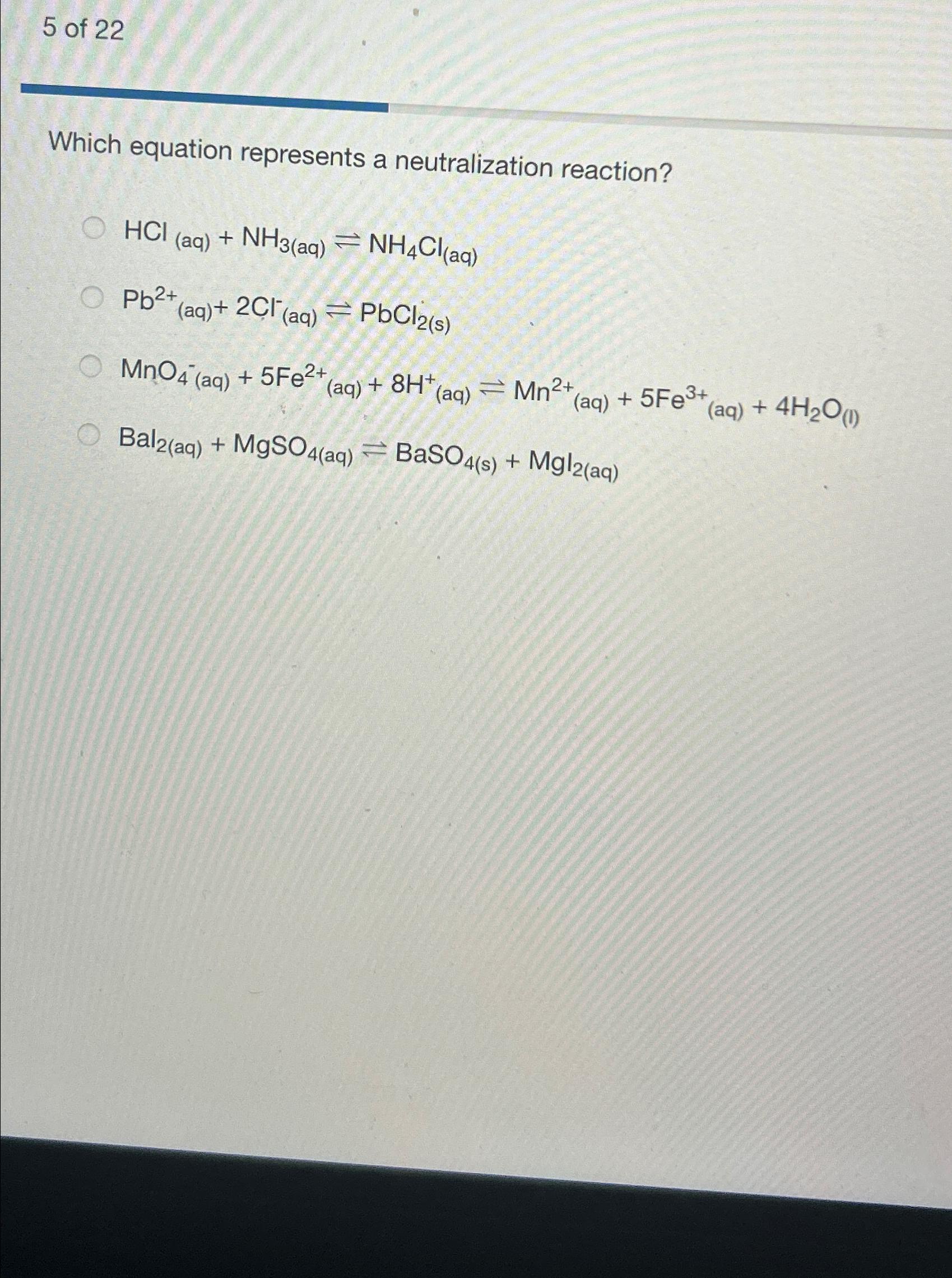 Solved 5 ﻿of 22Which equation represents a neutralization | Chegg.com