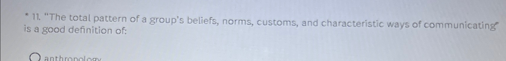 Solved "The total pattern of a group's beliefs, norms, | Chegg.com
