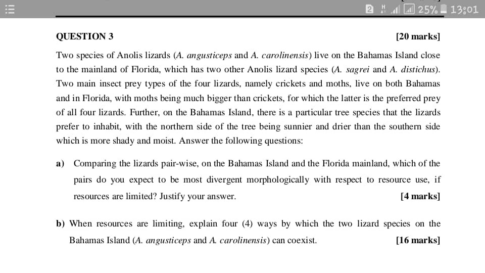 Solved Two species of Anolis lizards (A. angusticeps and A. | Chegg.com