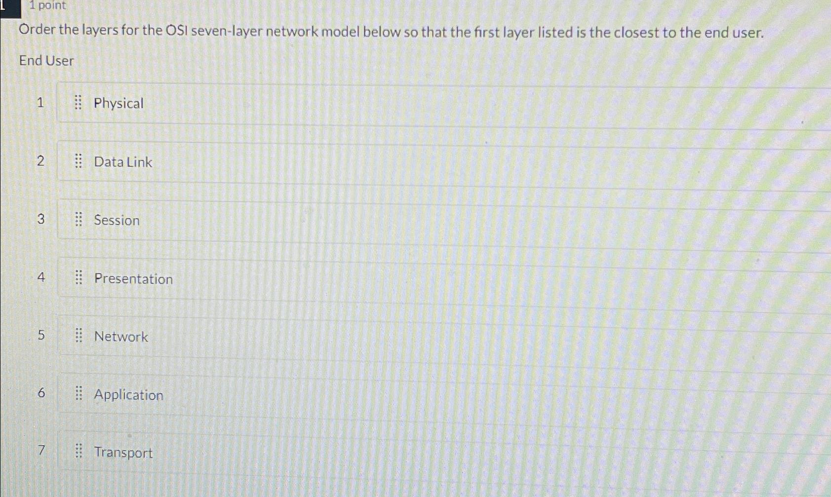 Solved 1 ﻿pointOrder the layers for the OSI seven-layer | Chegg.com