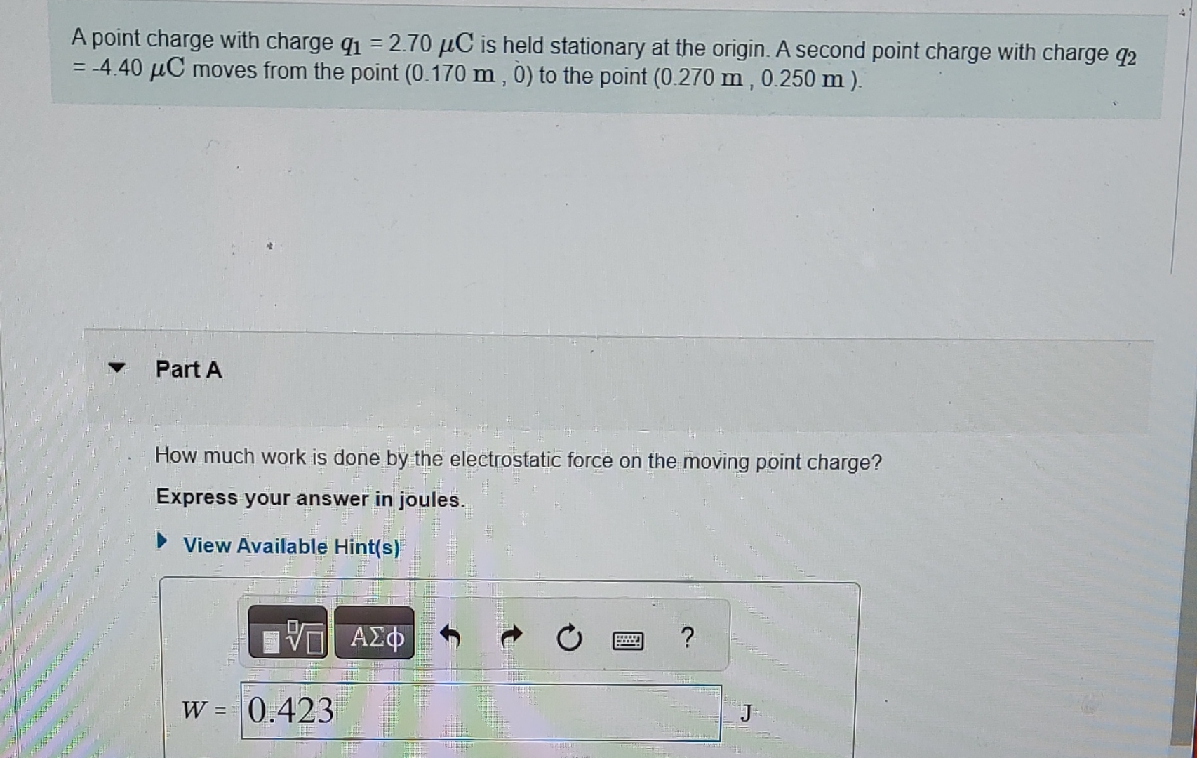 Solved A point charge with charge q1=2.70μC ﻿is held | Chegg.com