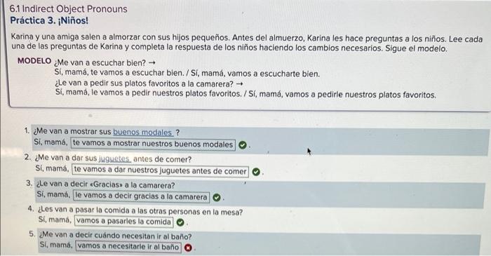 6.1 Indirect Object Pronouns Práctica 3. ¡Niños! | Chegg.com