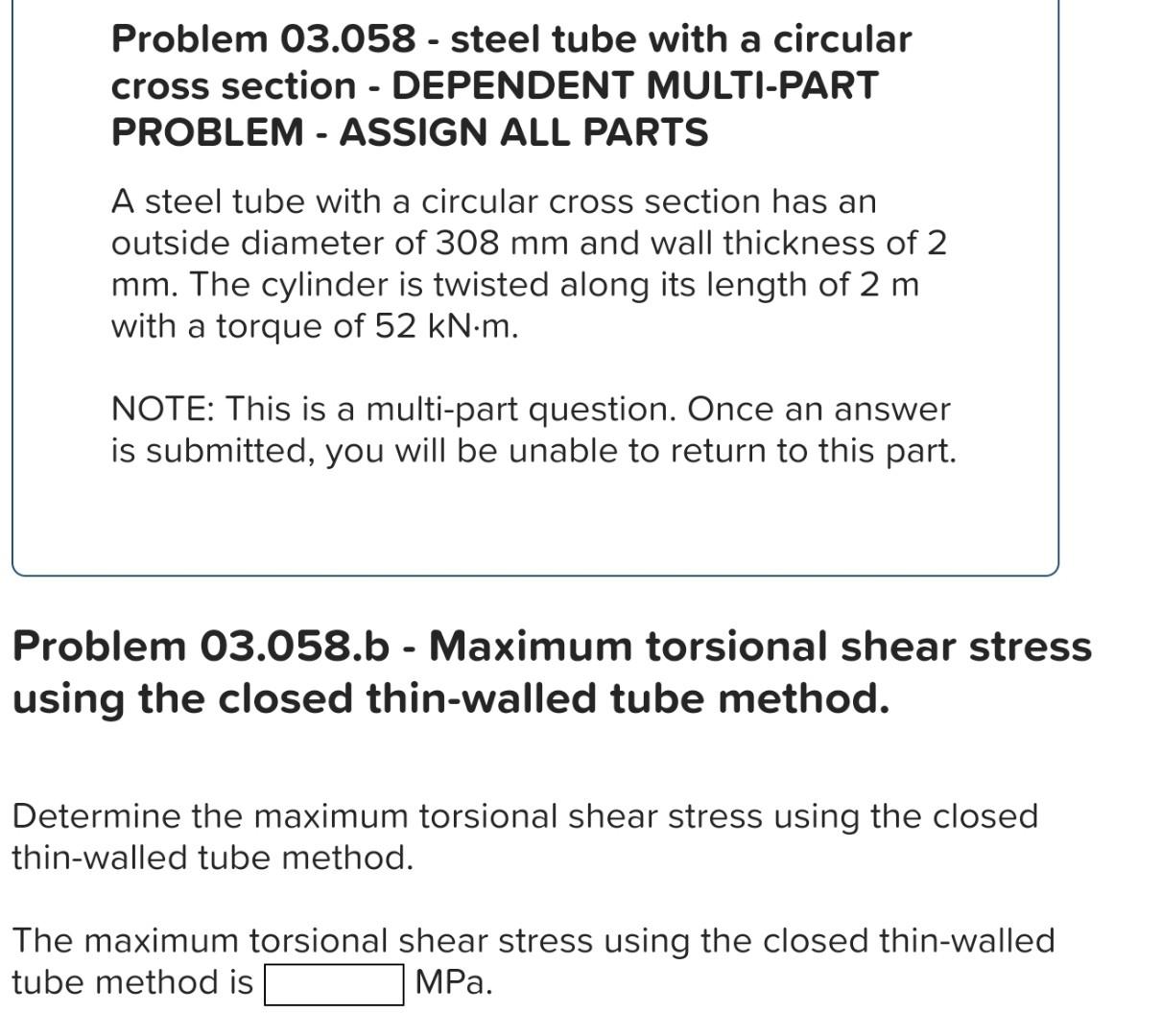 Solved Problem 03.058 - steel tube with a circular cross | Chegg.com