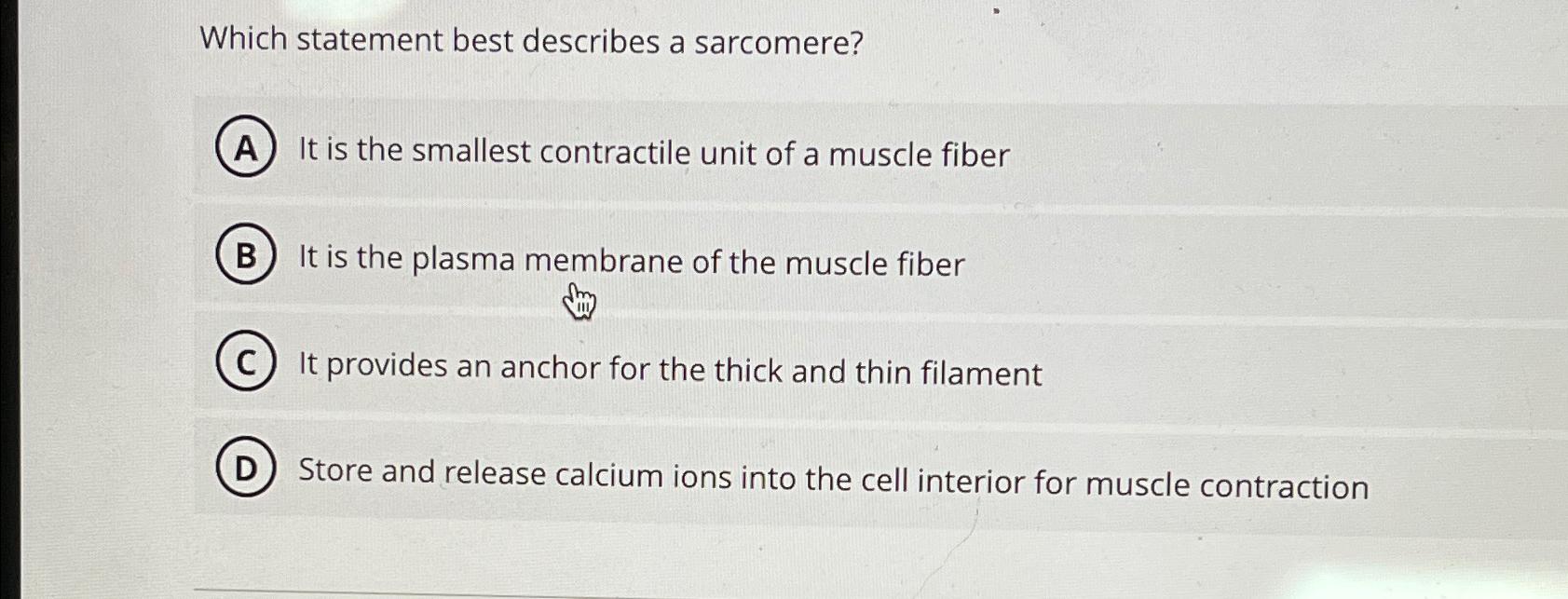 Solved Which statement best describes a sarcomere?It is the | Chegg.com