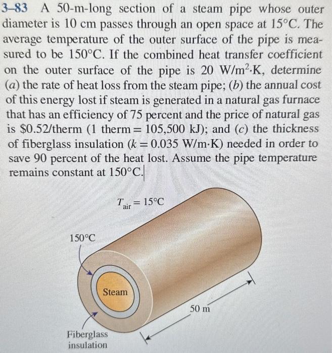 Solved 3-83 A 50-m-long section of a steam pipe whose outer | Chegg.com