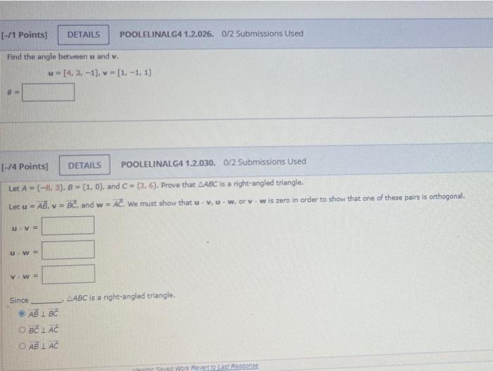 Solved [-1 Points) DETAILS POOLELINALG4 1.2.026. 0/2 | Chegg.com