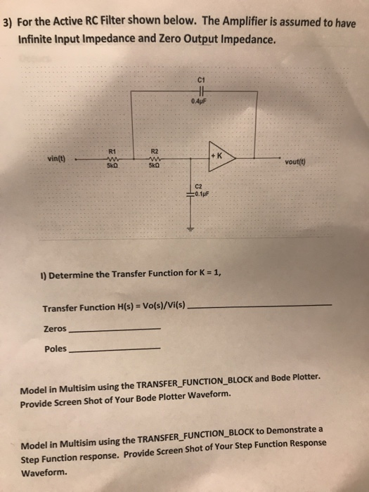 Solved 3) For the Active RC Filter shown below. The | Chegg.com