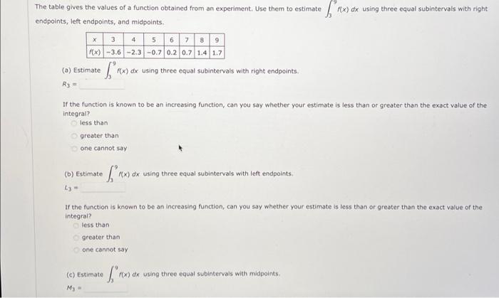 Solved 7x) dx using three equal subintervals with right The | Chegg.com