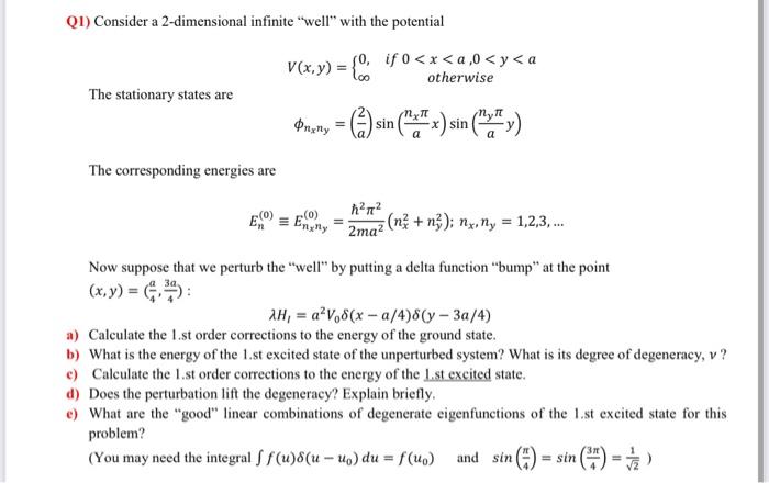 Solved Q1) Consider a 2-dimensional infinite "well" with the | Chegg.com