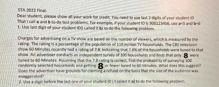 Solved STA 2023 Final. Dear student, please show all your | Chegg.com