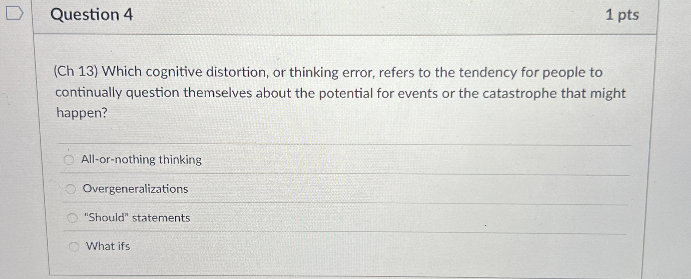 Solved Question 41 ﻿pts(Ch 13) ﻿Which cognitive distortion, | Chegg.com