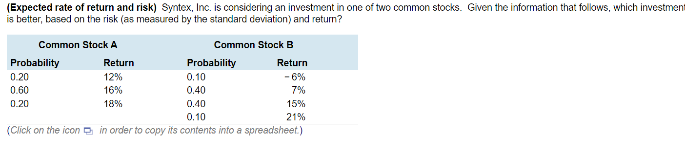 Solved (Expected rate of return and risk) ﻿Syntex, Inc. is | Chegg.com