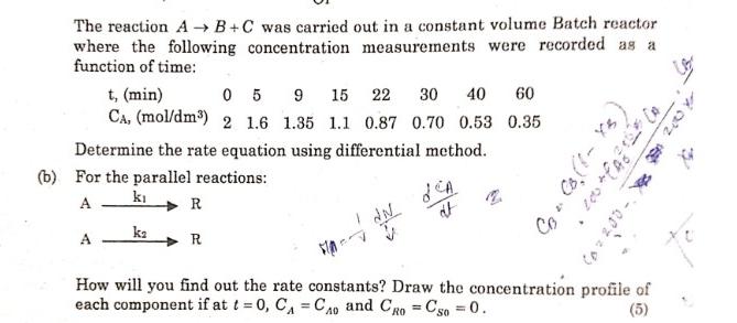 Solved The reaction A→B+C was carried out in a constant | Chegg.com