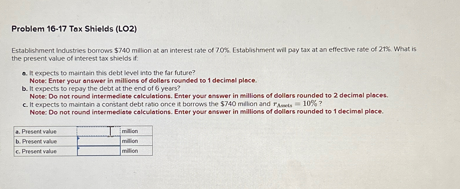 Solved Problem 16-17 ﻿Tax Shields (LO2)Establishment | Chegg.com