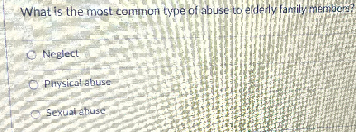 Solved What is the most common type of abuse to elderly | Chegg.com