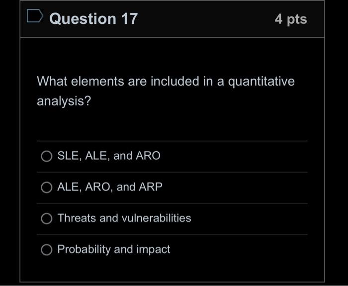 Solved Question 17 4 pts What elements are included in a | Chegg.com