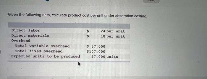 Solved Given the following data, calculate product cost per | Chegg.com