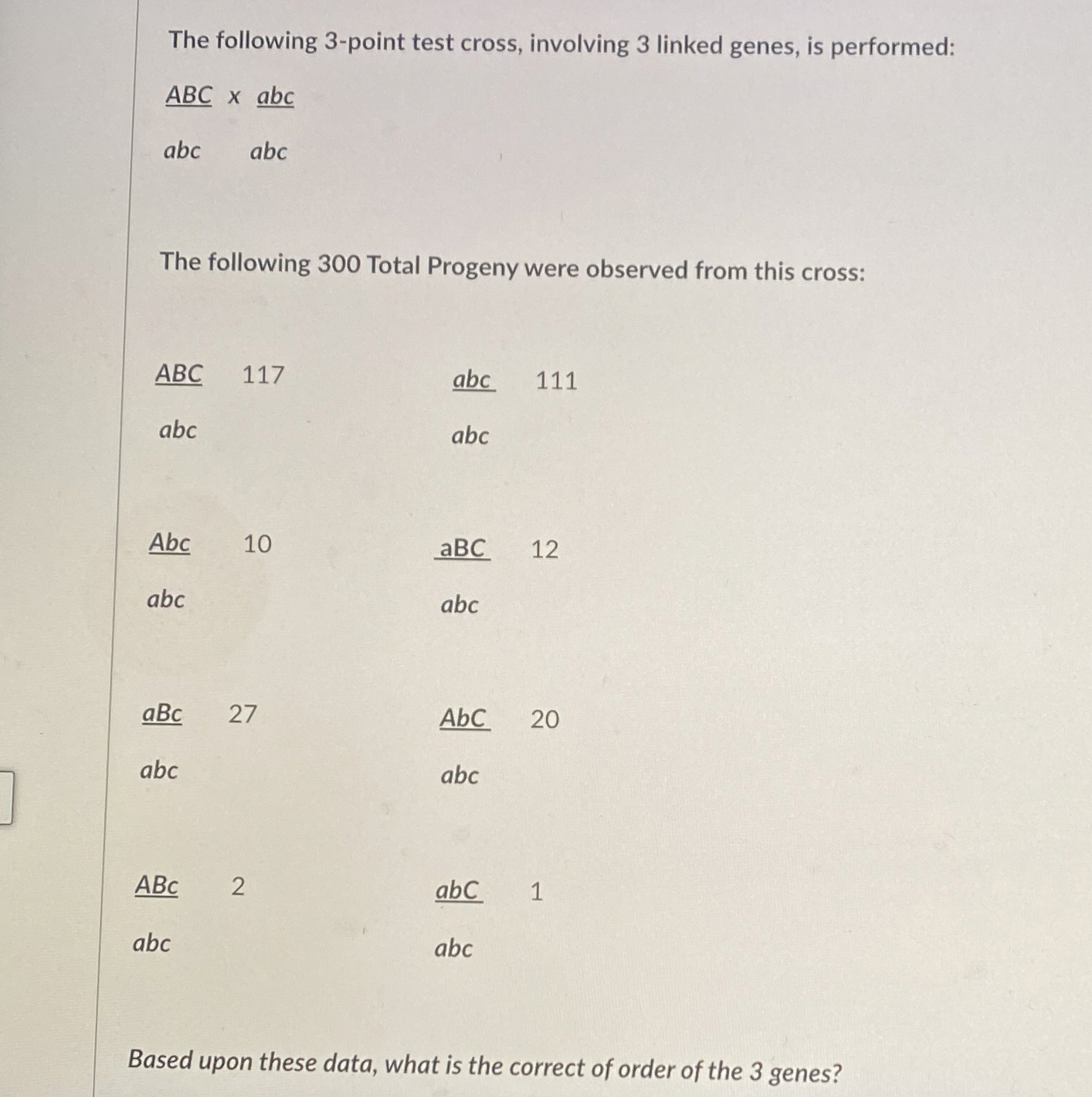 Solved The following 3-point test cross, involving 3 ﻿linked | Chegg.com