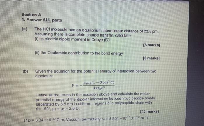 Solved Section A 1. Answer ALL parts (a) The HCI molecule | Chegg.com