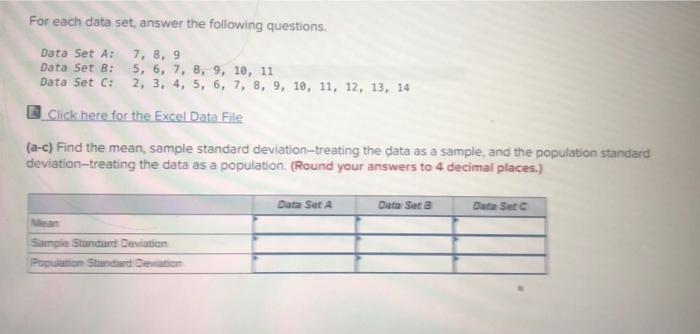 Solved For each data set answer the following questions Data | Chegg.com Solved For each data set answer the following questions Data | Chegg.com