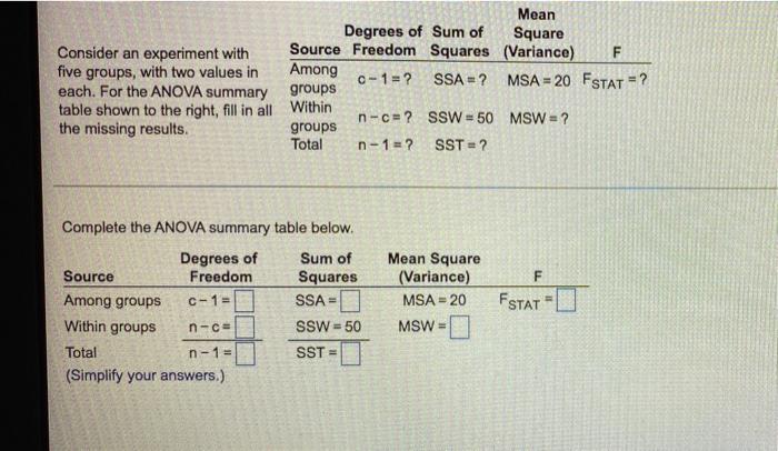 Solved Mean Degrees of Sum of Square Consider an experiment | Chegg.com