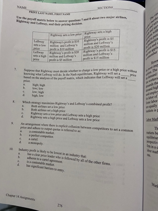 Solved Ane NAME SECTION PRINT LAST NAME, FIRST NAME Use the | Chegg.com