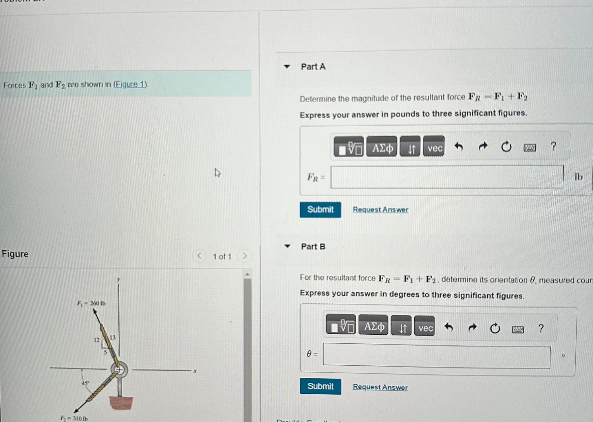 Solved Part AForces F1 ﻿and F2 ﻿are shown in (Figure | Chegg.com