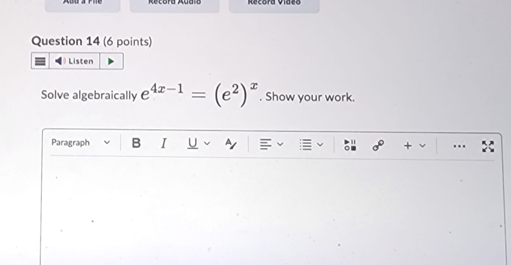 Solved Solve algebraically e4x-1=(e2)x. ﻿Show your work. | Chegg.com