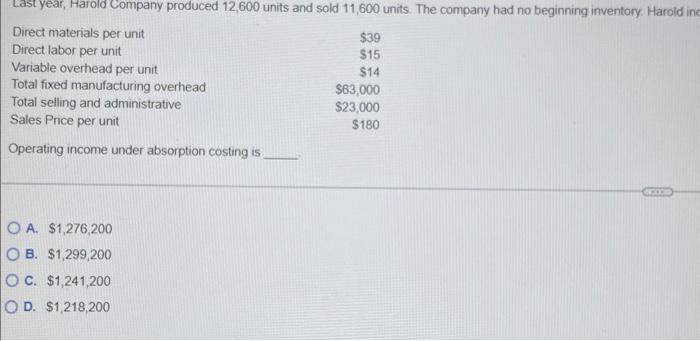 Solved Operating income under absorption costing is A. | Chegg.com