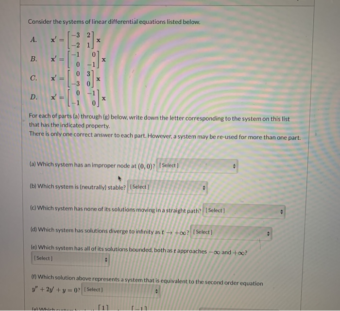 Solved Consider the systems of linear differential equations | Chegg.com