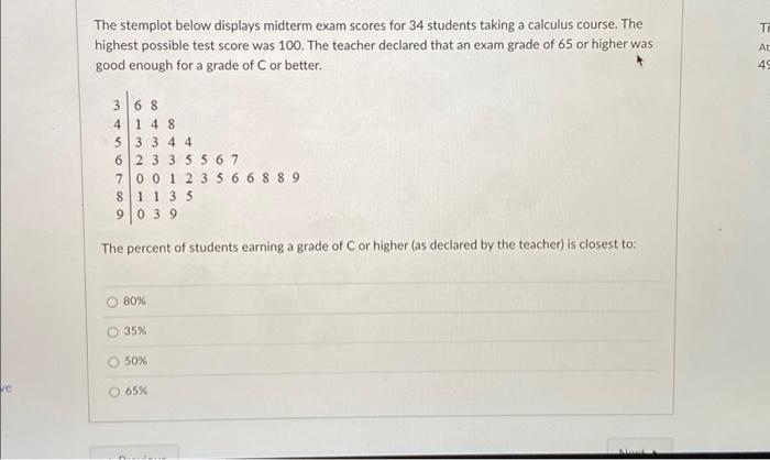 Solved The stemplot below displays midterm exam scores for | Chegg.com