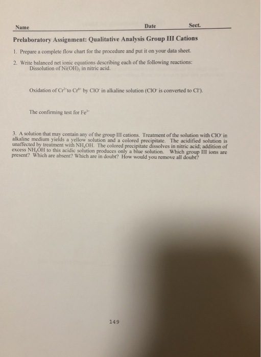 Sect. Date Name Prelaboratory Assignment: Qualitative | Chegg.com