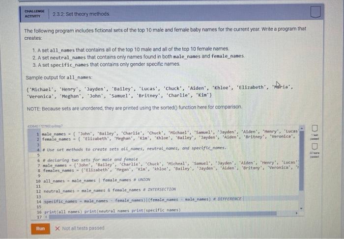 Solved CHALLENGE ACTIVITY - 2.3.2 Set theroy methods. Please | Chegg.com