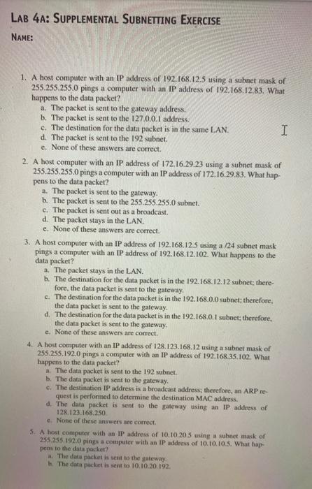 Solved LAB 4A: SUPPLEMENTAL SUBNETTING EXERCISE NAME: 1. A | Chegg.com
