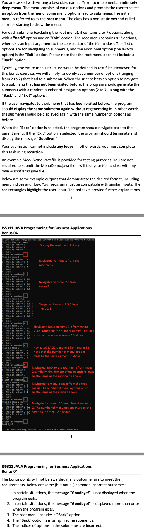 You are tasked with writing a Java class named Menu | Chegg.com