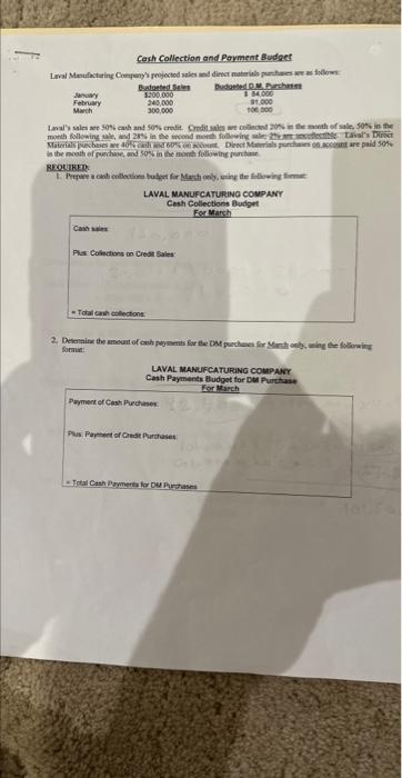 Solved Corh Callection and Pryment Eudget in the mosth of | Chegg.com