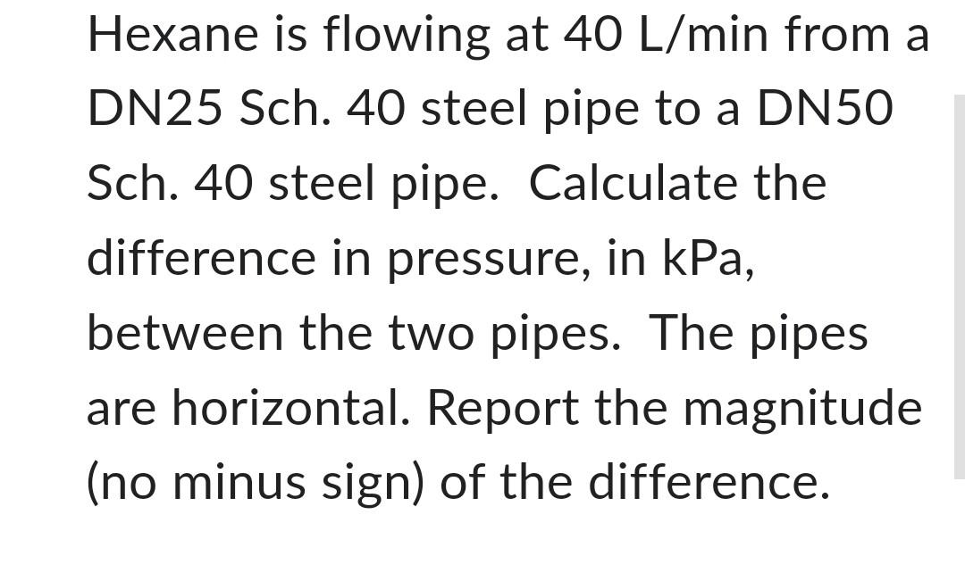 Solved Hexane is flowing at 40 L/min from a DN25 Sch. 40 | Chegg.com