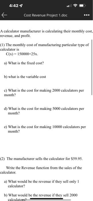 Solved (5) Graph cost, revenue, and profit functions in the | Chegg.com