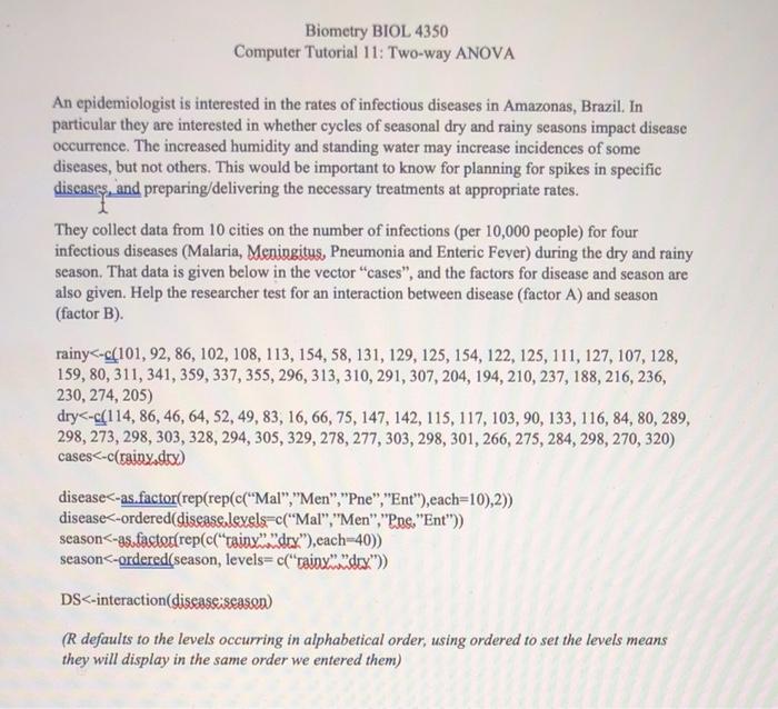 Solved Biometry BIOL 4350 Computer Tutorial 11: Two-way | Chegg.com