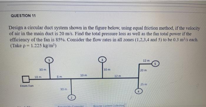 QUESTION 11 Design a circular duct system shown in | Chegg.com